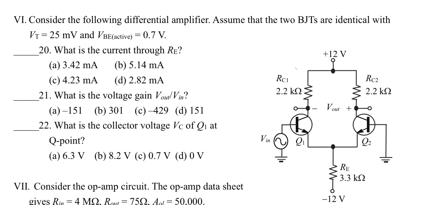 Solved VI. ﻿Consider the following differential amplifier. | Chegg.com