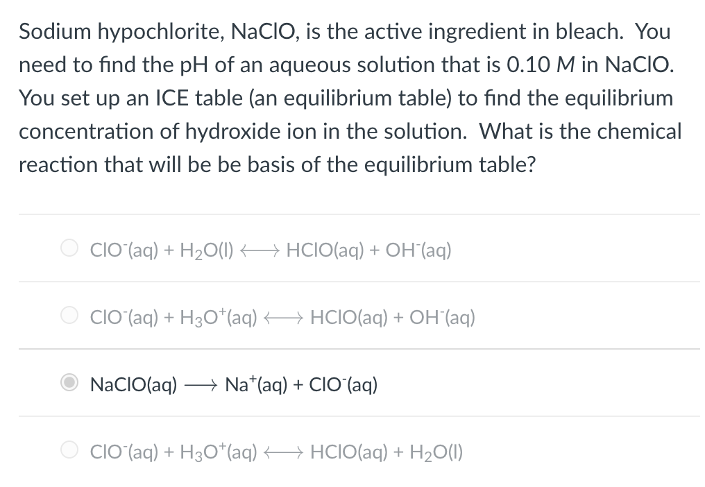 Solved Sodium hypochlorite, NaCIO, is the active ingredient | Chegg.com