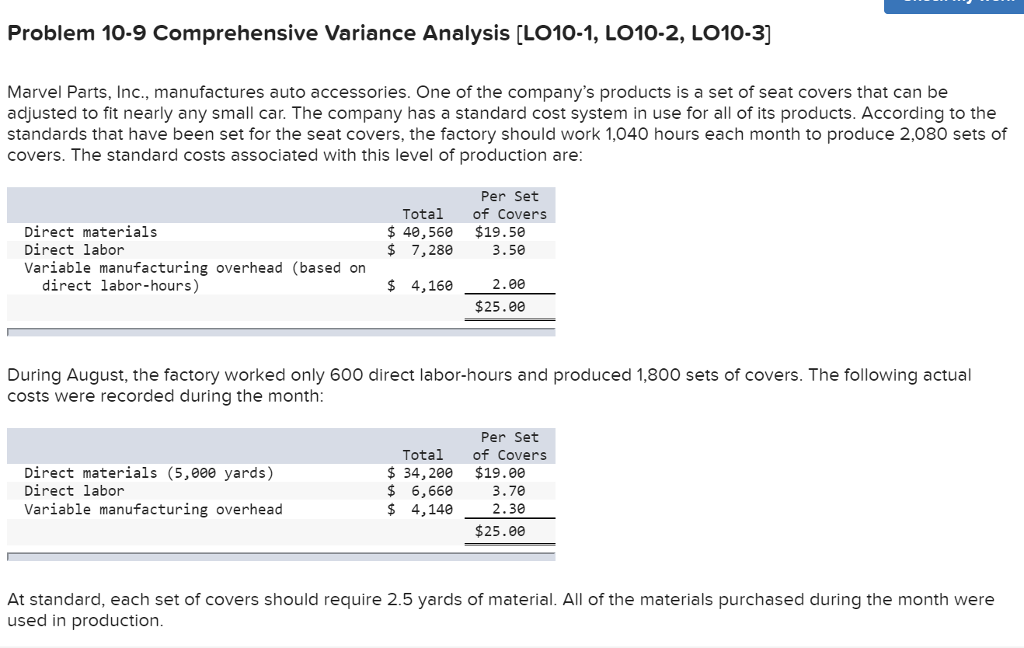 Solved Problem 10-9 Comprehensive Variance Analysis [L010-1, | Chegg.com
