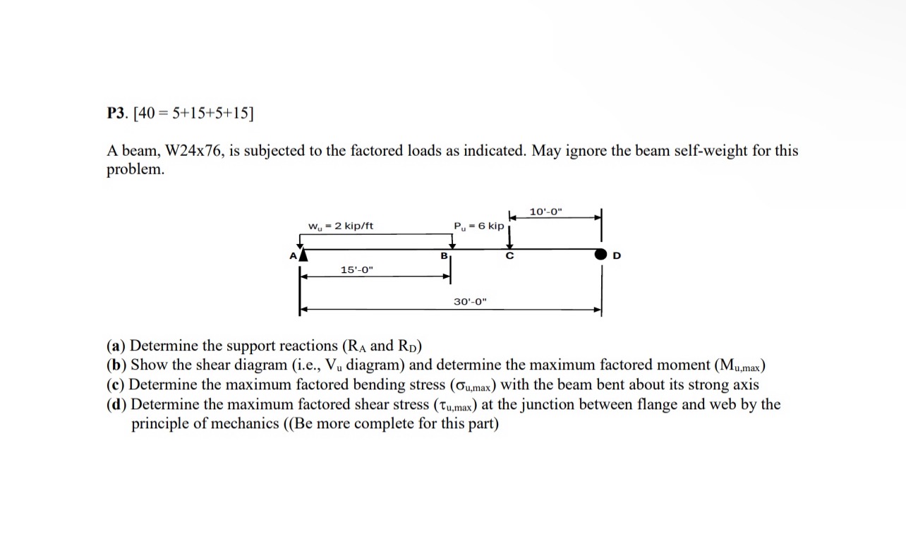 Solved P3. 40=5+15+5+15A beam, W24x76, is subjected to the | Chegg.com Solved P3. 40=5+15+5+15A beam, W24x76, is subjected to the | Chegg.com