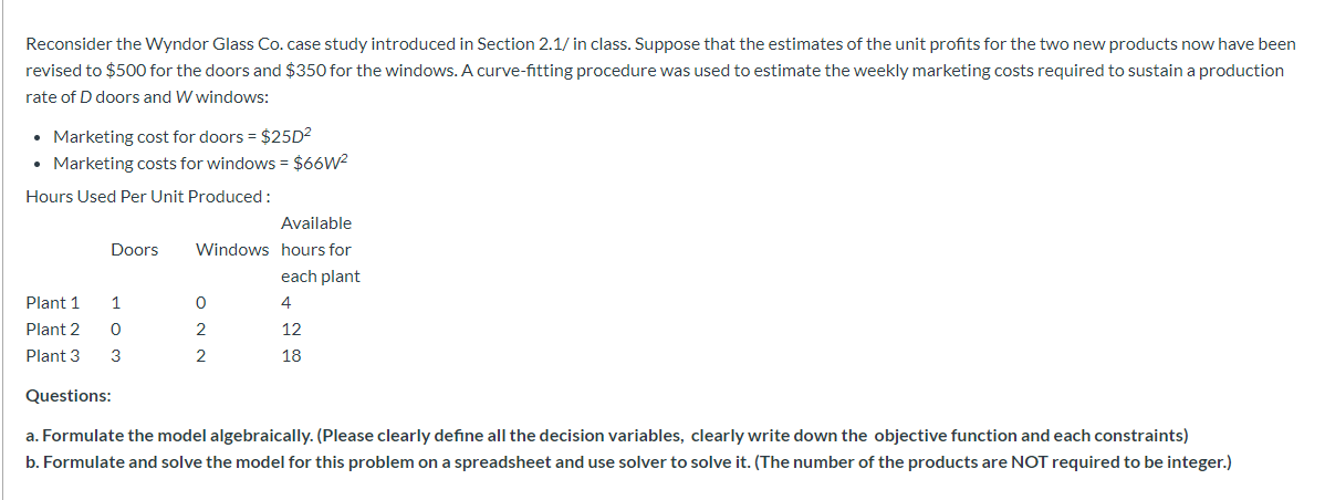 Solved Reconsider the Wyndor Glass Co. case study introduced | Chegg.com