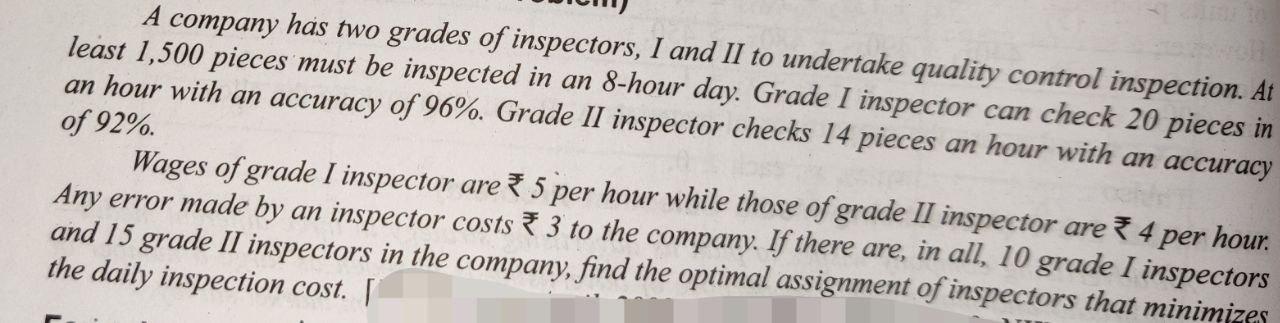 Solved A company has two grades of inspectors, I and II to | Chegg.com