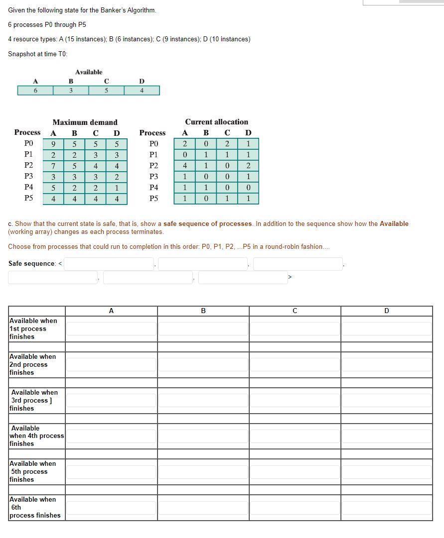 Solved Given the following state for the Banker's Algorithm. | Chegg.com