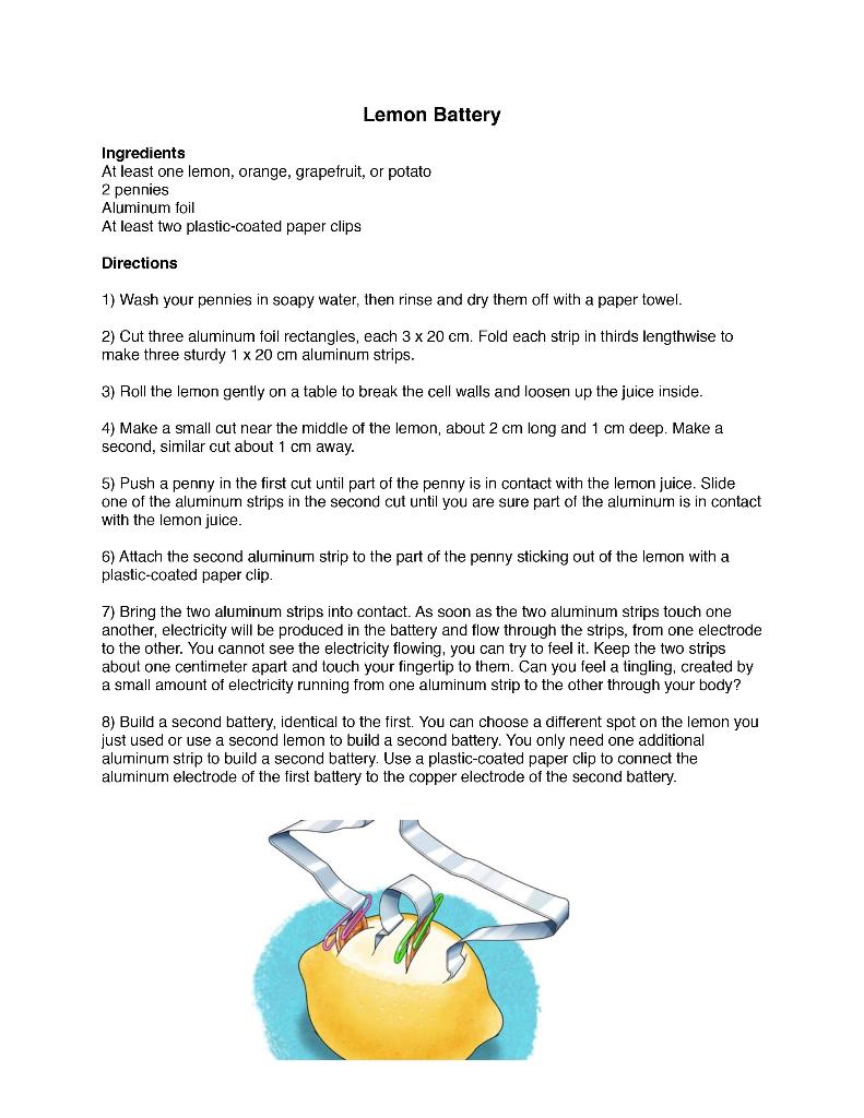Solved Lemon Battery Ingredients At least one lemon, orange, | Chegg.com