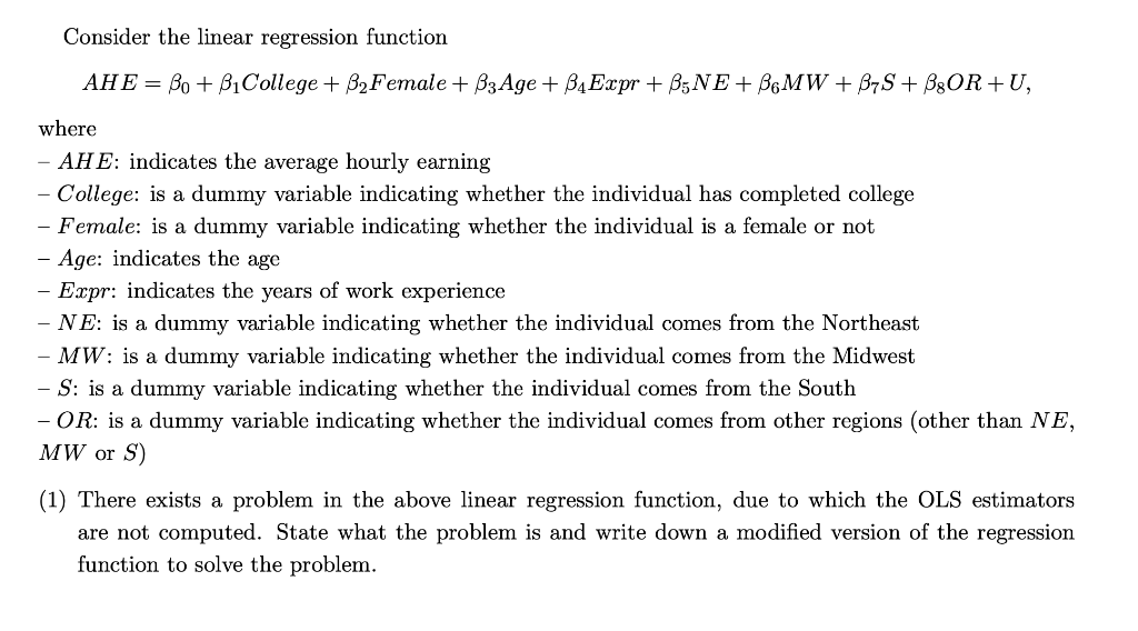 Solved Consider the linear regression function AHE = Bo + | Chegg.com