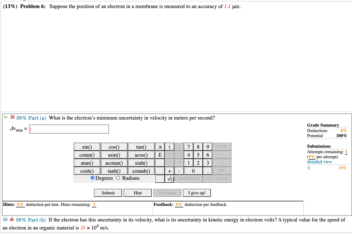 Solved (13%) Problem 6: Suppose the position of an electron | Chegg.com