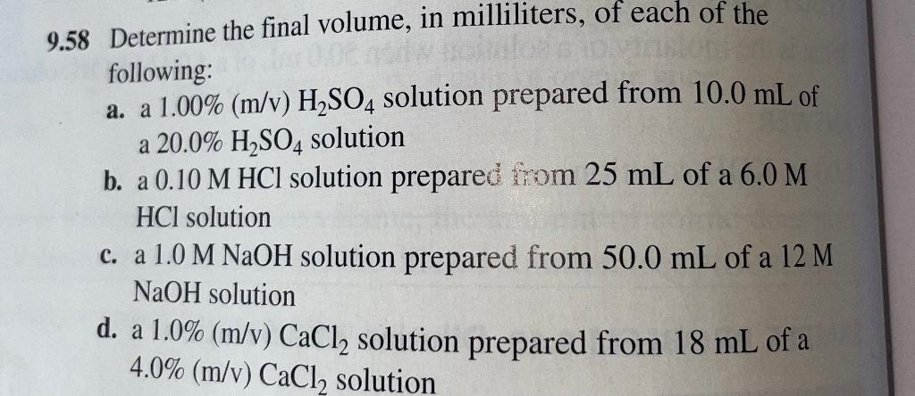 Solved 9.58 Determine the final volume, in milliliters, of | Chegg.com