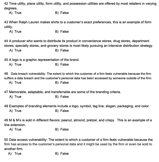 Solved 42 Time utility, place utility, form utility, and | Chegg.com