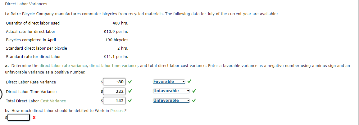 Solved Direct Labor Variances La Batre Bicycle Company | Chegg.com