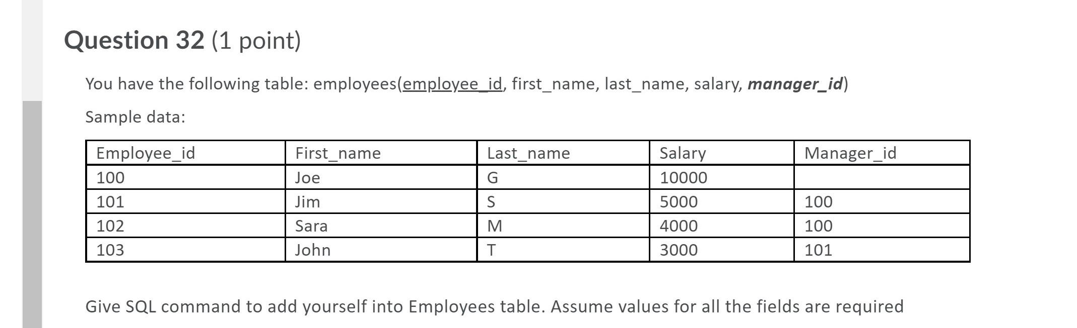 Solved Question 32 (1 point) You have the following table: | Chegg.com