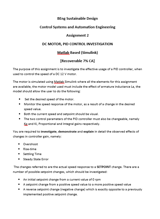 Solved BEng Sustainable Design Control Systems and | Chegg.com