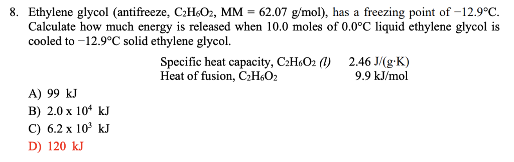Solved point of 8. Ethylene glycol (antifreeze, C2H602, MM- | Chegg.com