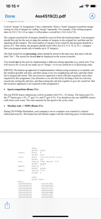 Solved Convert "merge" in Assignment 3 into a subroutine. | Chegg.com