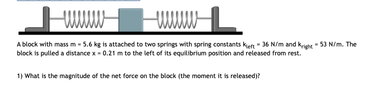 Solved A block with mass m=5.6 kg is attached to two springs | Chegg.com
