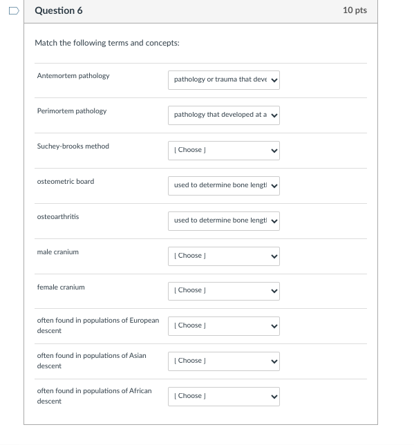 Match the following terms and concepts: Antemortem | Chegg.com