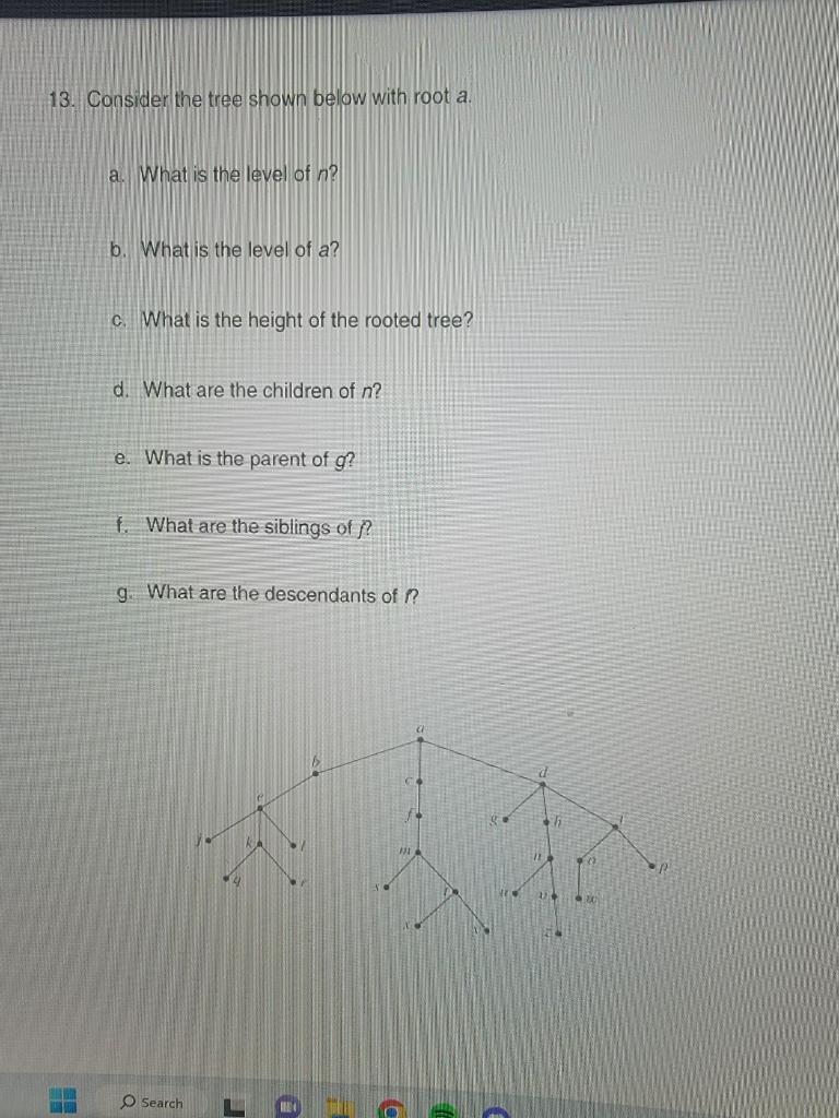 Solved 13. Consider the tree shown below with root a. a. | Chegg.com