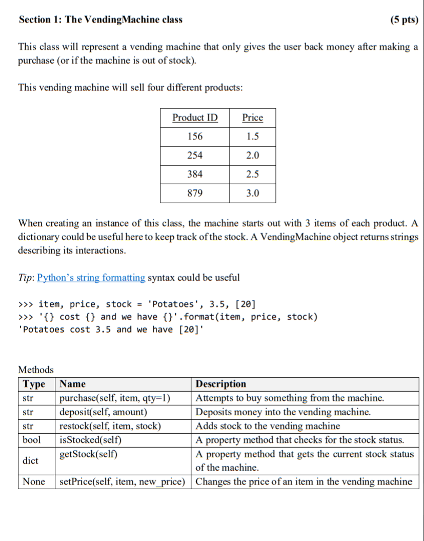 Solved Section 1: The Vending Machine class (5 pts) This | Chegg.com