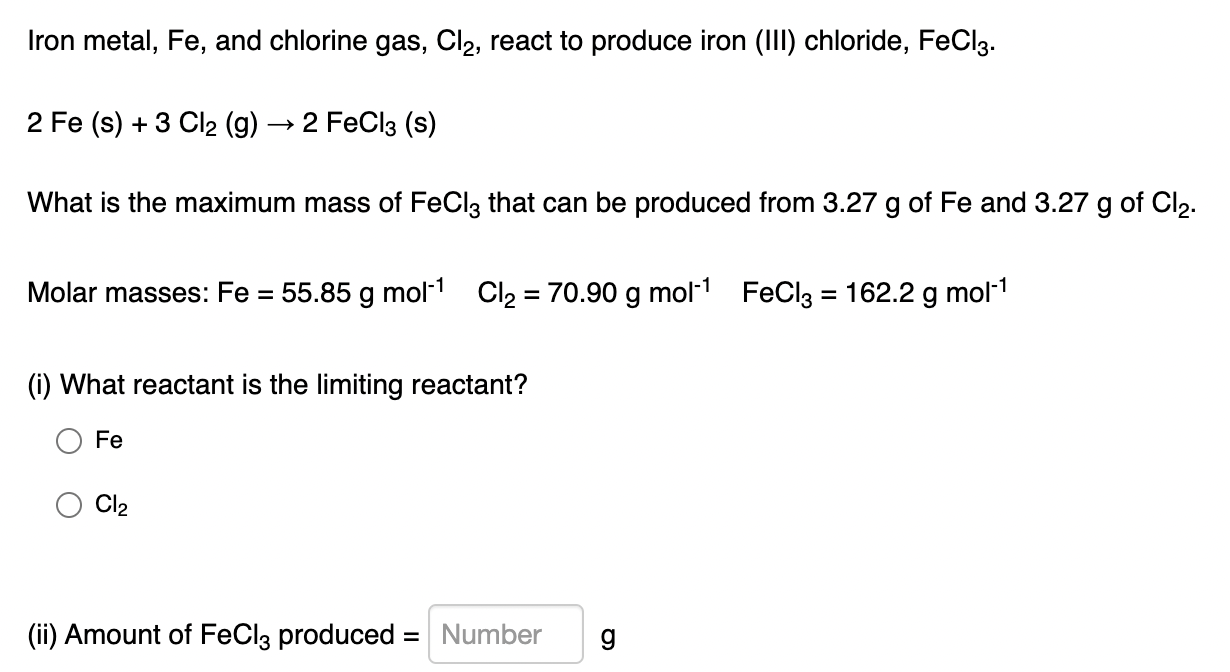 Solved Iron metal, Fe, and chlorine gas, Cl2, react to | Chegg.com