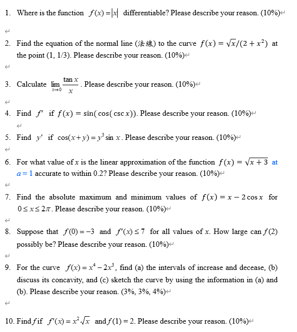 Solved Where is the function f(x)=|x| ﻿differentiable? | Chegg.com