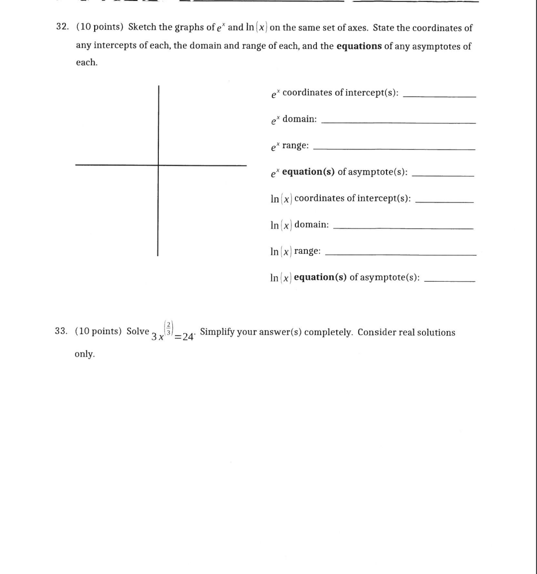 Solved 32. (10 points) Sketch the graphs of ex and ln(x) on | Chegg.com