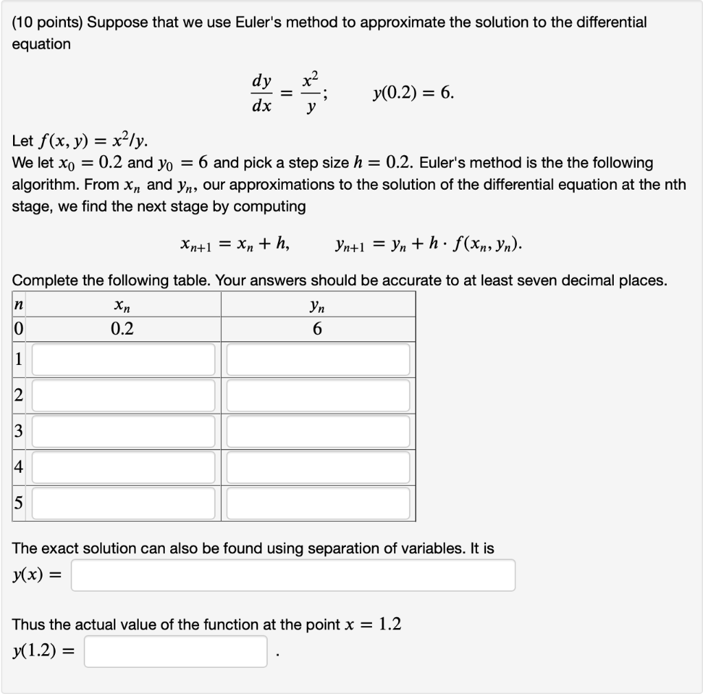 Solved (10 points) Suppose that we use Euler's method to | Chegg.com
