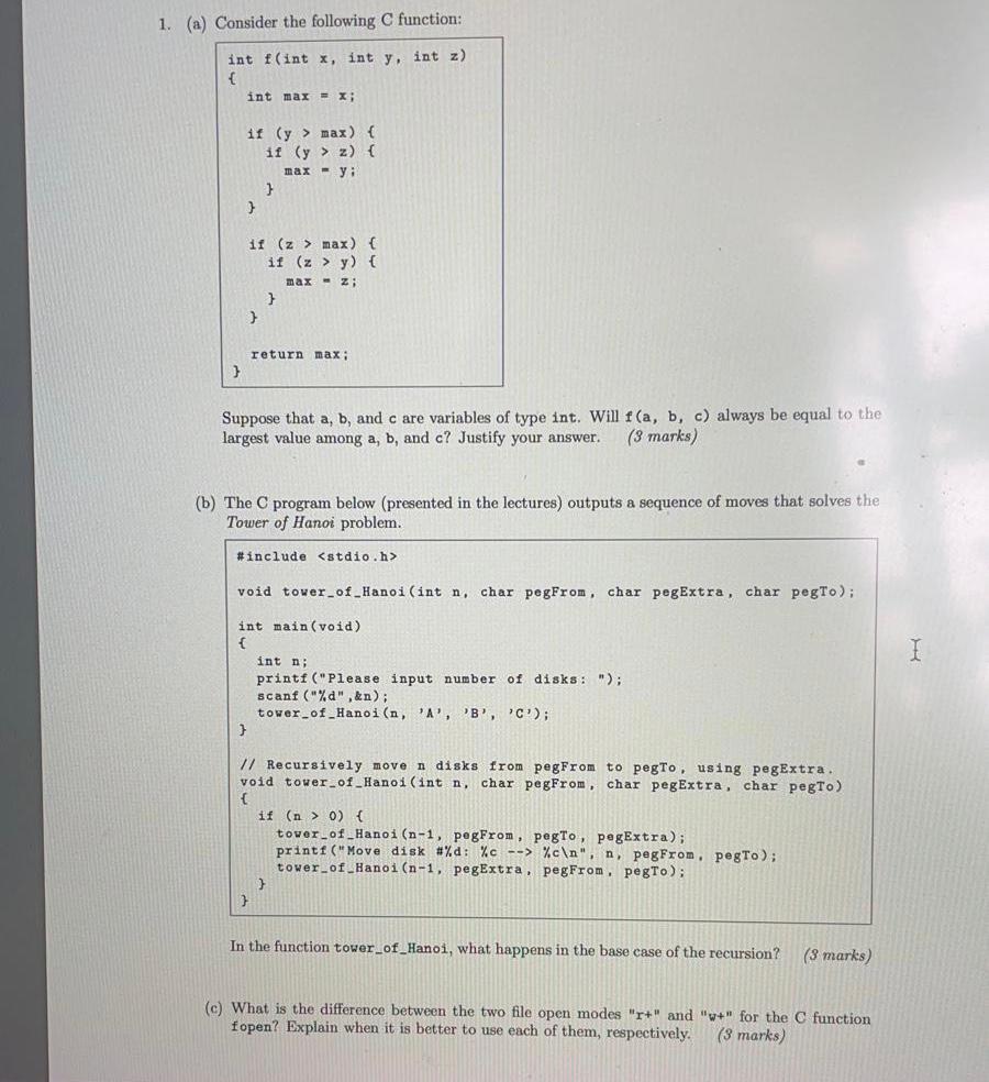 Solved 1. (a) Consider the following C function: int f(int | Chegg.com