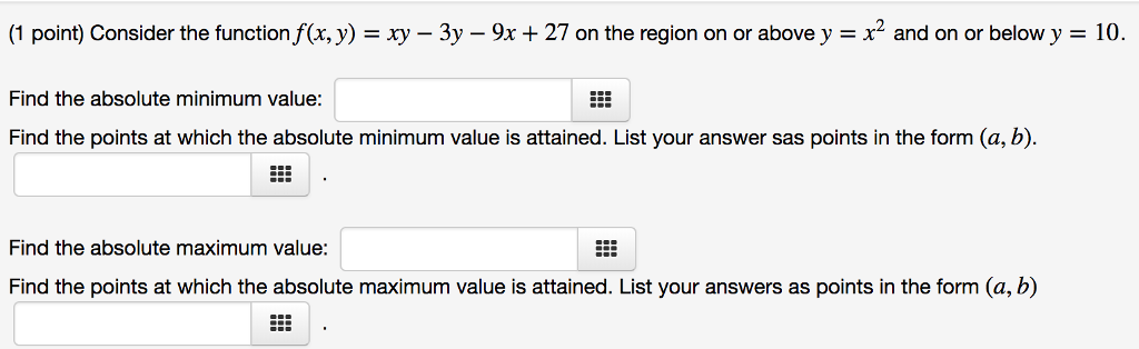 Solved (1 point) Consider the function f(x,y)-xy-3y-9x + 27 | Chegg.com