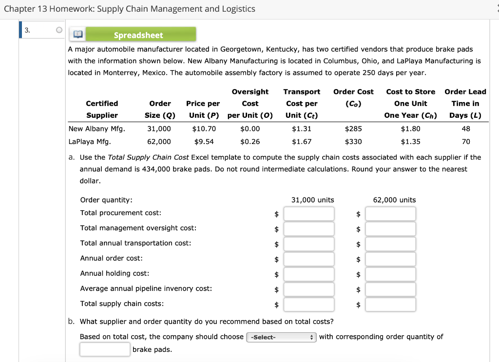 Solved Chapter 13 Homework: Supply Chain Management and | Chegg.com