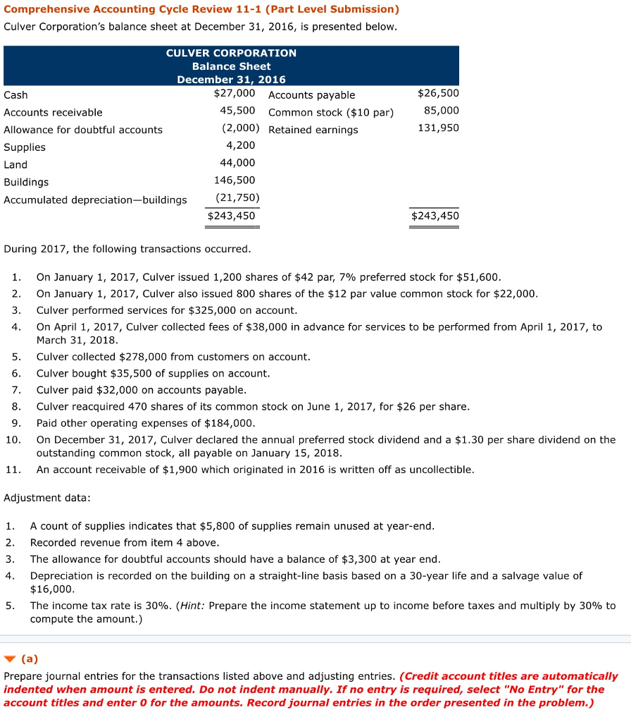 Solved Comprehensive Accounting Cycle Review 11-1 (Part | Chegg.com
