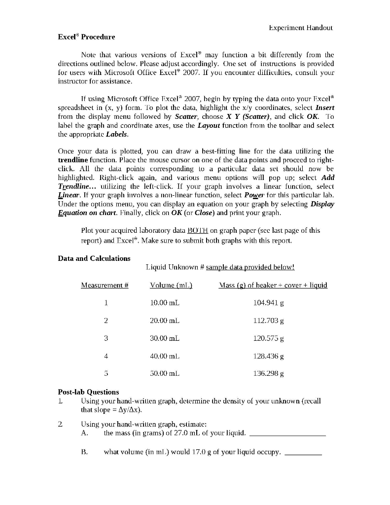 Experiment Handout Graphical Representation Of Data 
