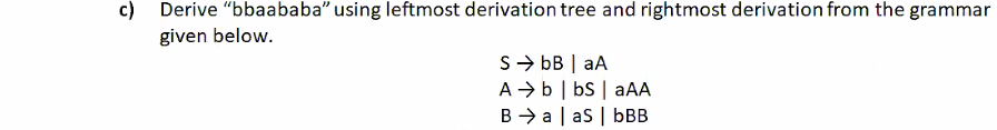 Solved c) Derive "bbaababa" using leftmost derivation tree | Chegg.com