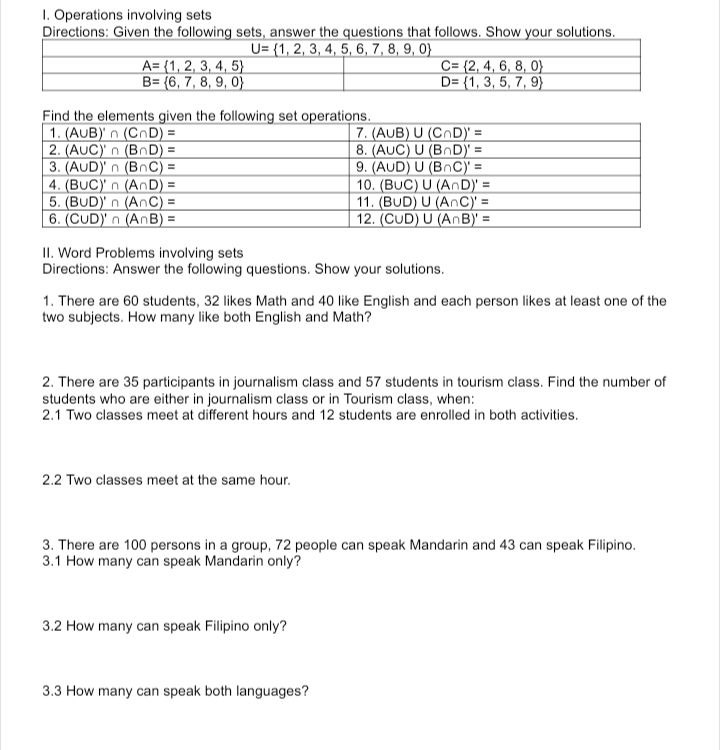 Solved I. Operations involving sets Directions: Given the | Chegg.com