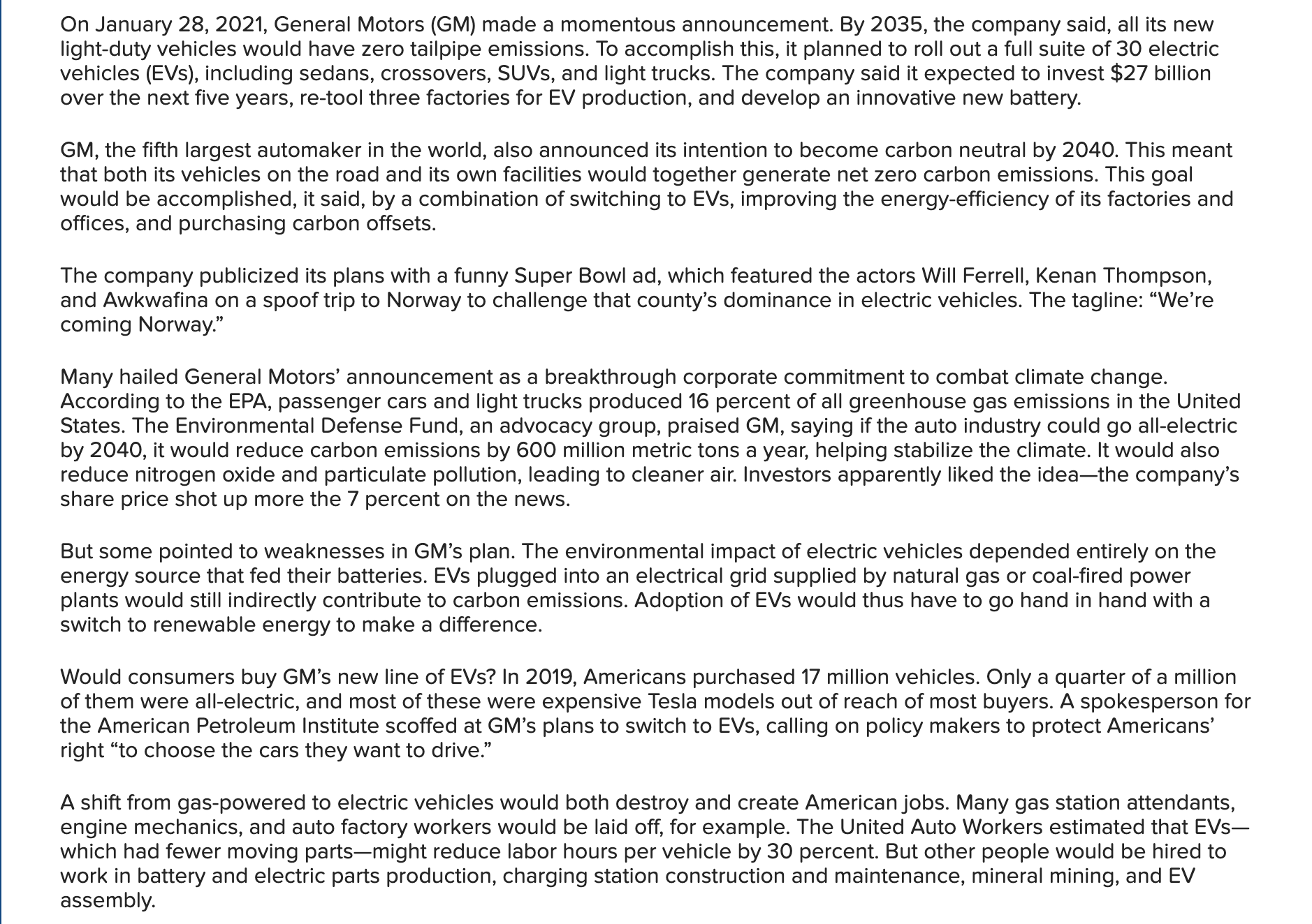 Solved General Motor's announcement was consistent in some | Chegg.com