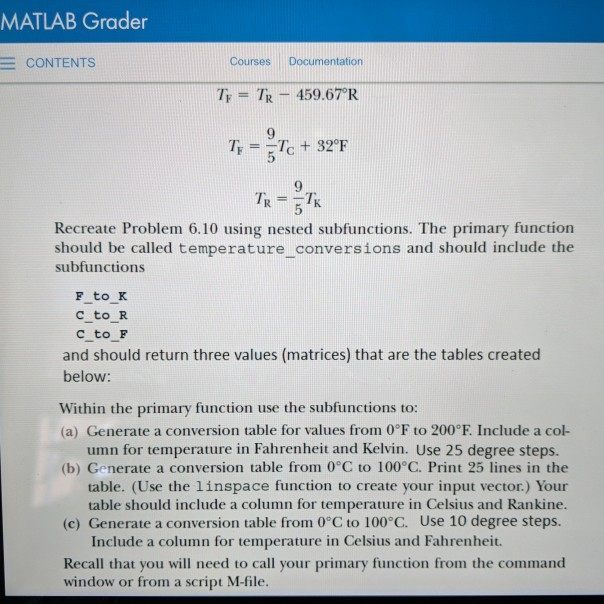 Solved MATLAB Grader CONTENTS Courses Documentation T = TR - | Chegg.com