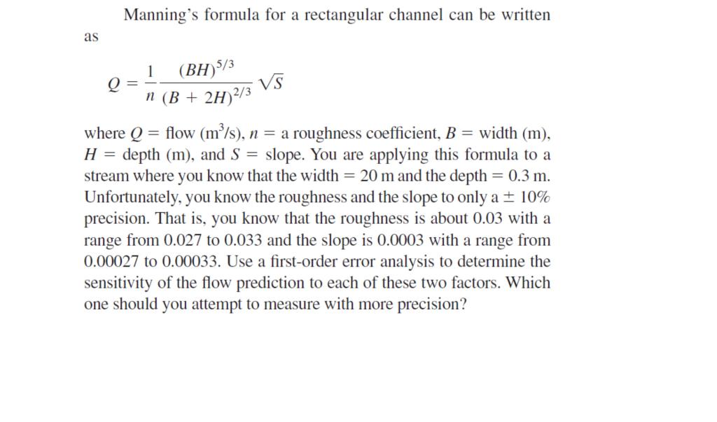 Solved Manning's formula for a rectangular channel can be | Chegg.com