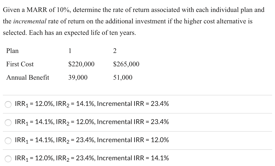 Solved Given a MARR of 10%, determine the rate of return | Chegg.com