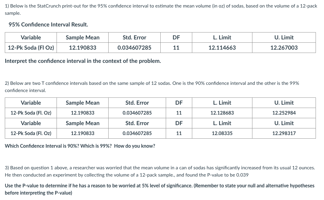 Solved 1) Below is the StatCrunch print-out for the 95% | Chegg.com