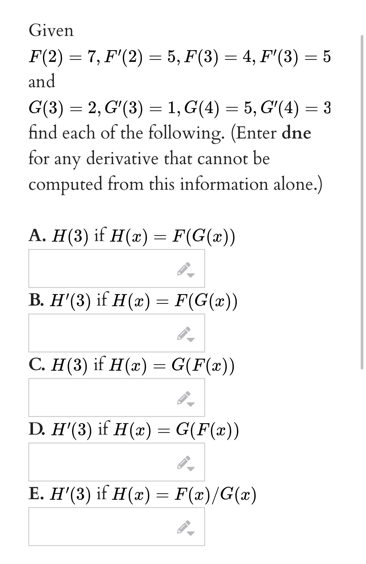 Solved Given F(2)=7,F′(2)=5,F(3)=4,F′(3)=5 and | Chegg.com
