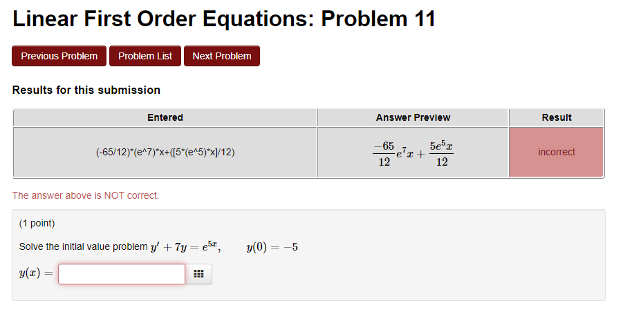 Solved Linear First Order Equations: Problem 11 Previous | Chegg.com