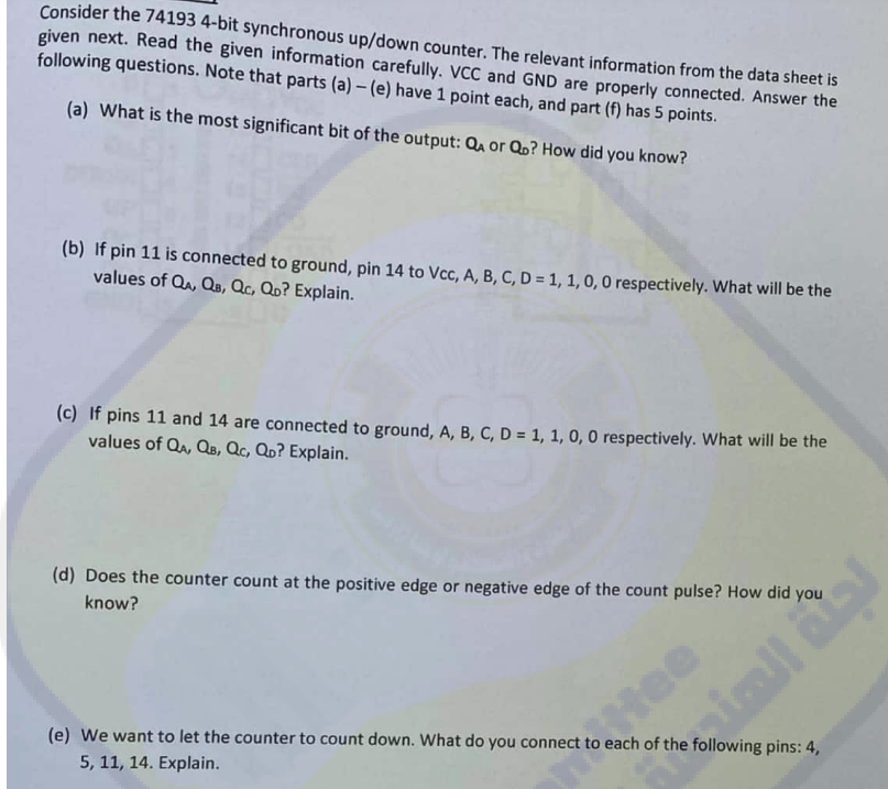 Solved Consider the 74193 4-bit synchronous up/down counter. | Chegg.com