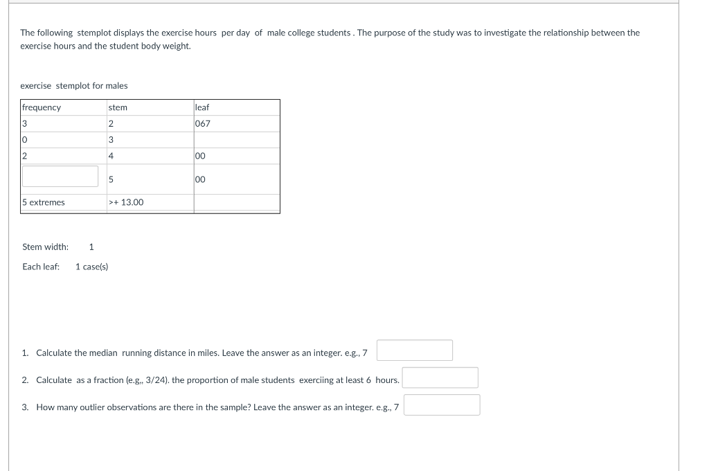 Solved The following stemplot displays the exercise hours | Chegg.com
