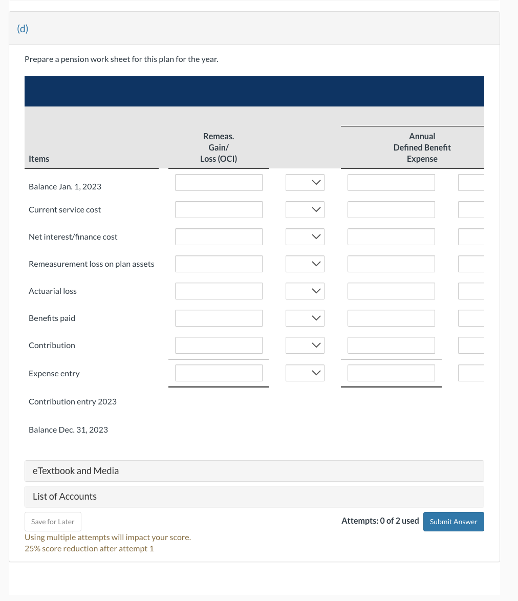 Prepare a pension work sheet for this plan for the | Chegg.com