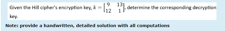 Solved Given the Hill cipher's encryption key, k=[913121], | Chegg.com