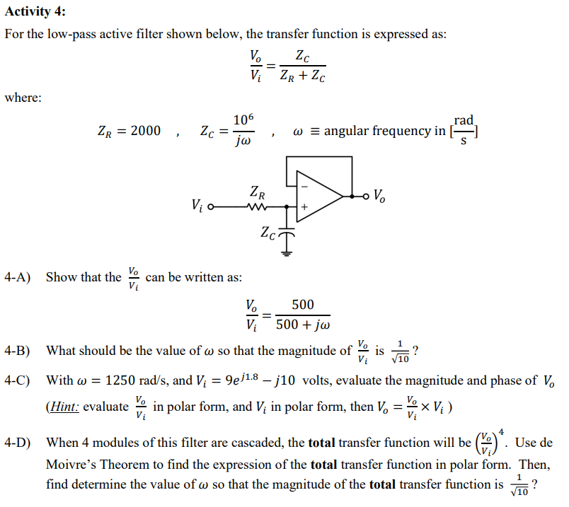 Solved Activity 4: For the low-pass active filter shown | Chegg.com