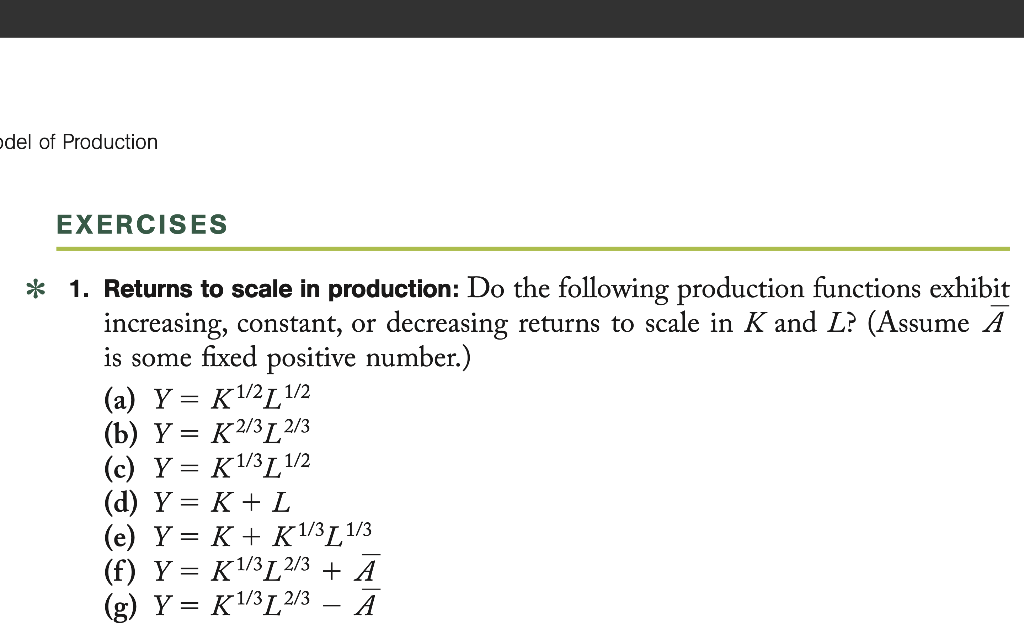 Solved del of Production EXERCISES = * 1. Returns to scale | Chegg.com