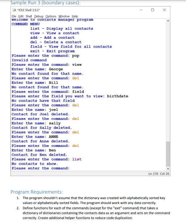 Solved Contacts Manager Problem Statement: Create a program | Chegg.com