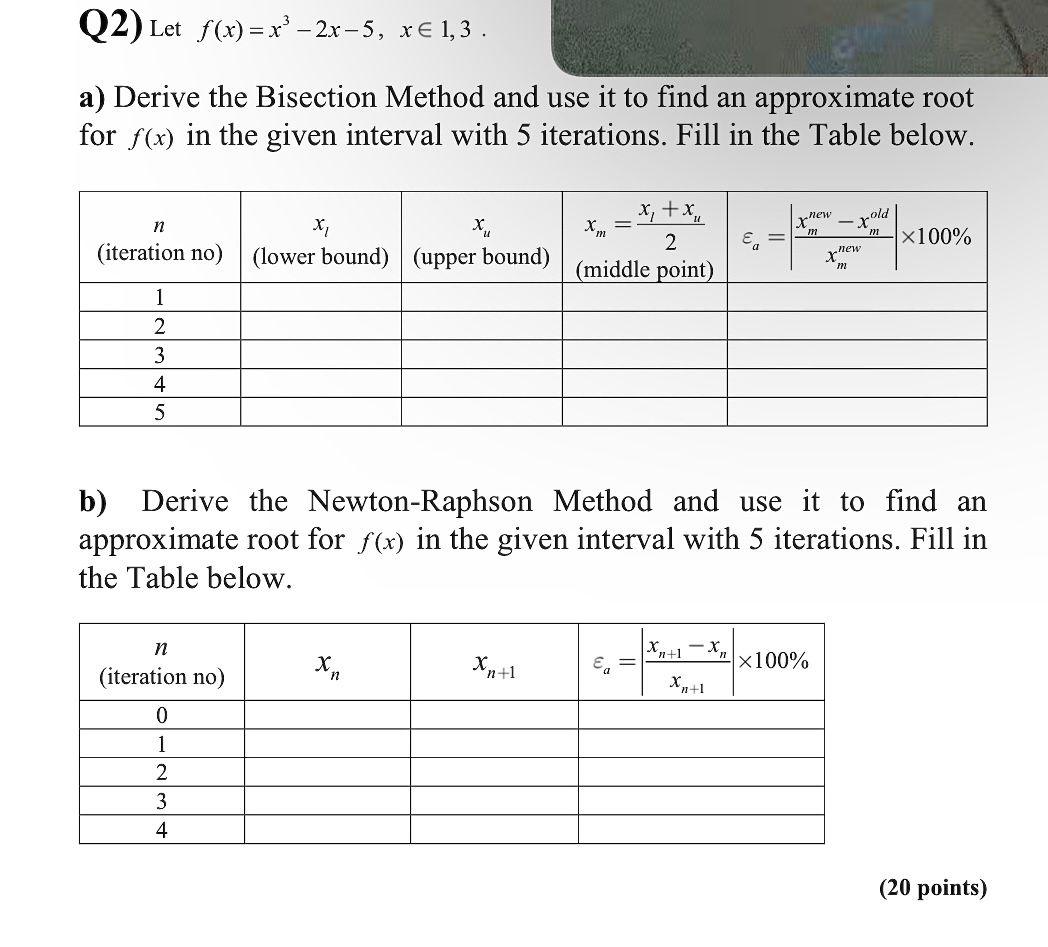 Solved Q2) Let f(x)=x2x–5, x€ 1,3 . a) Derive the Bisection | Chegg.com