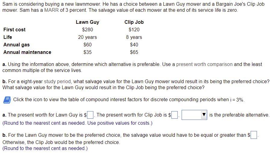 Solved Sam is considering buying a new lawnmower. He has a | Chegg.com