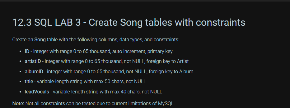 Solved 12.3 SQL LAB 3 - Create Song tables with | Chegg.com