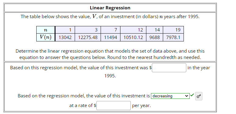 Solved Linear Regression The table below shows the value, V, | Chegg.com